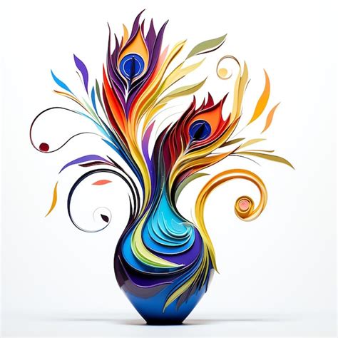공작새 깃털 클립 아트 일러스트와 함께 아름답고 활기찬 꽃병 프리미엄 사진