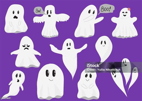 Set Of Cute Ghosts Creepy Halloween Ghosts Smiling Ghost And Scary