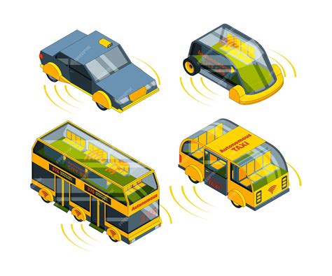 미래의 무인 차량 자율 운송 자동차 버스 트럭 및 기차 자체 제어 자동차 로봇 시스템 아이소 메트릭 프리미엄 벡터