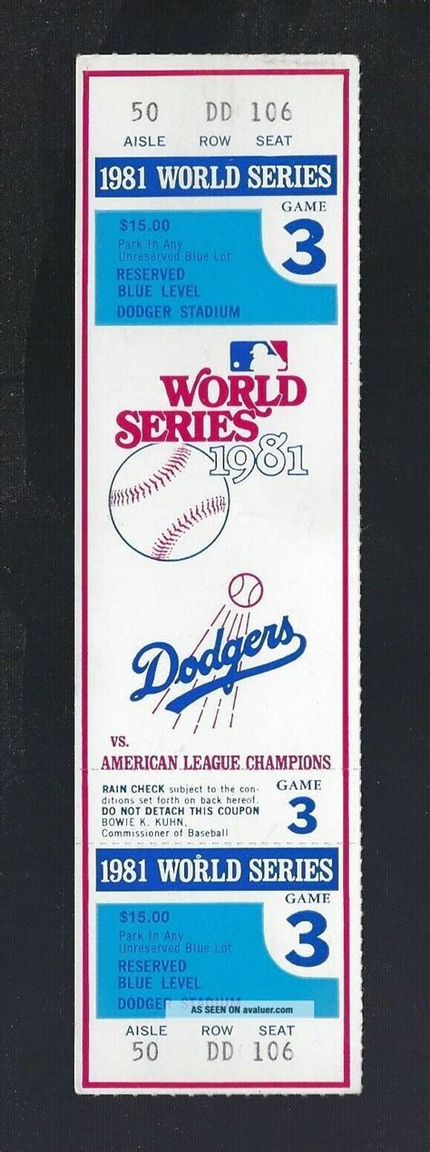 1981 World Series Ny Yankees La Dodgers Full Baseball Ticket Game 3