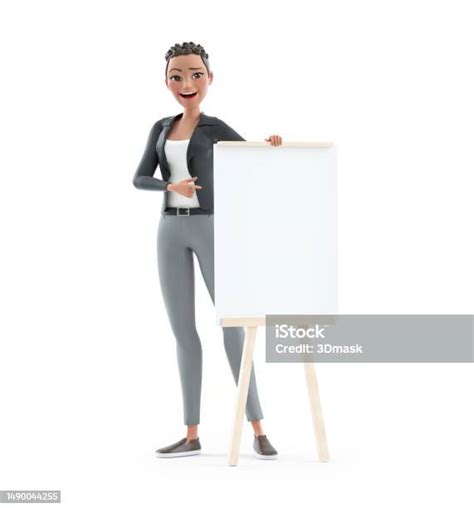 빈 캔버스가 있는 나무 이젤을 가리키는 3d 캐릭터 여자 3차원 형태에 대한 스톡 사진 및 기타 이미지 3차원 형태 등장