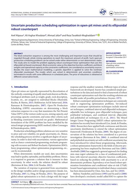Pdf Uncertain Production Scheduling Optimization In Open Pit Mines