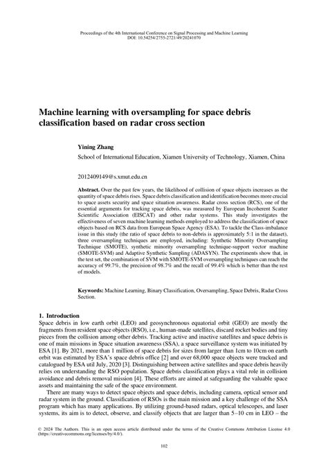 Pdf Machine Learning With Oversampling For Space Debris