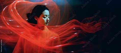 Red Light Trails Swirl Around A Woman Wearing A Red Outfit In Front Of A Dark Background The