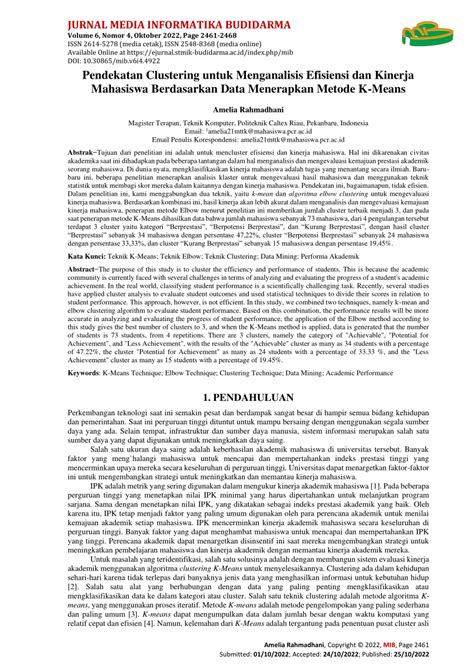 Pdf Pendekatan Clustering Untuk Menganalisis Efisiensi Dan Kinerja Mahasiswa Berdasarkan Data