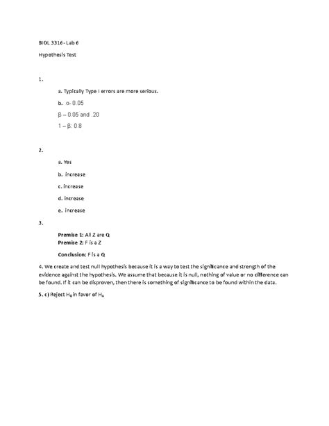 Lab 6 Hypothesis Testing BIOL 3316 Lab 6 Hypothesis Test A Typically Type I Errors Are