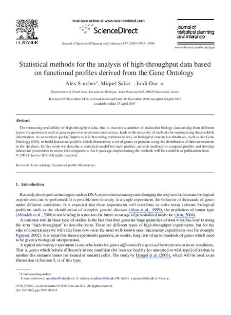Pdf Statistical Methods For The Analysis Of High Throughput Data