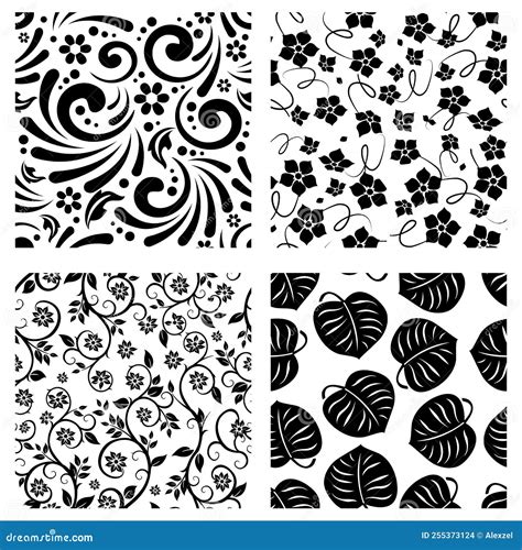 Silhouette Of A Geometric And Floral Black And White Pattern Seamless Stock Vector