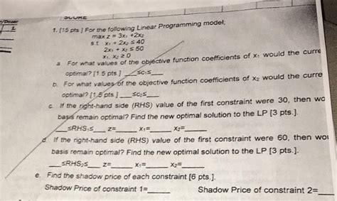 Solved 1 1is Pts J For The Following Linear Programming