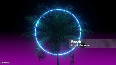 3d 기화 웨이브 네온 서클 손바닥과 밤 바이올렛 스카이와 배경을 렌더링 합니다 Synthwave 1980 년대 렌 토 웨이브 일러스트 도시 전사에 대한 스톡 벡터 아트 및