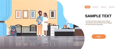 남편과 함께 임신 아내를 들고 신생아 아기 아들은 침대 근처에 서 행복 한 아프리카계 미국인 가족 부모 개념 현대 침실 인테리어 전체 길이 복사 공간 부모에 대한 스톡 벡터