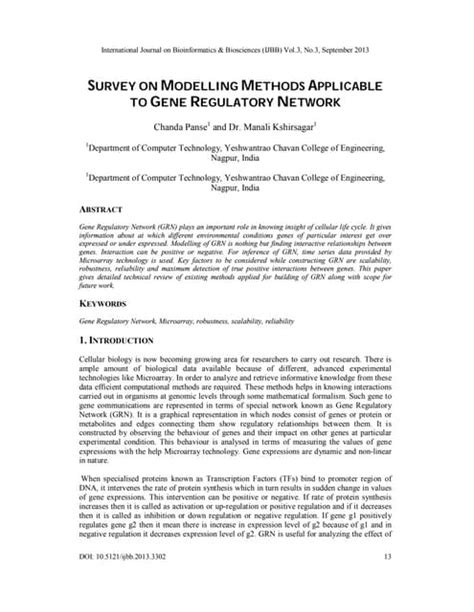 Survey On Modelling Methods Applicable To Gene Regulatory Network Pdf