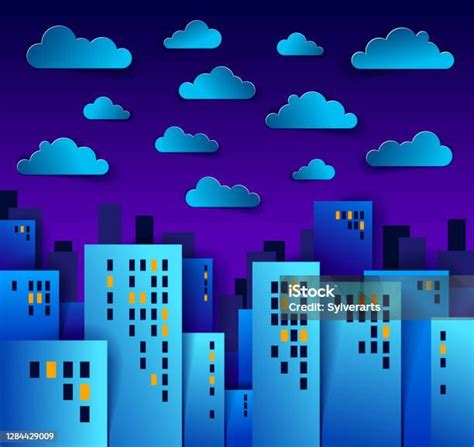 종이 컷 키즈 응용 프로그램 스타일 높은 도시 건물 부동산 자정 시간에 하늘 만화 벡터 그림에 구름과 밤에 도시 풍경 0명에 대한 스톡 벡터 아트 및 기타 이미지 Istock