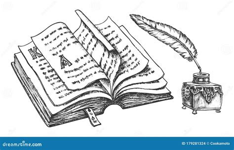 Sketch Of Opened Book With Ink And Feather Stock Vector Illustration