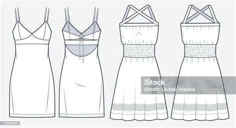 스트랩 세트 드레스 테크노칼 패션 일러스트 여성용 미니 드레스 어깨 끈 기술 도면 템플릿 전면 및 후면보기 흰색 색상 Cad 모형 세트 0명에 대한 스톡 벡터 아트 및 기타