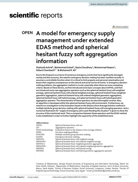 Pdf A Model For Emergency Supply Management Under Extended Edas Method And Spherical Hesitant