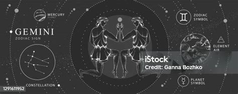 점성술 쌍둥이 조디악 기호현대 마법 마술 카드 현실적인 손 그리기 남자 그림 그림 조디악 특성 개성 개념에 대한 스톡 벡터 아트