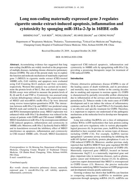 Pdf Long Non‑coding Maternally Expressed Gene 3 Regulates Cigarette