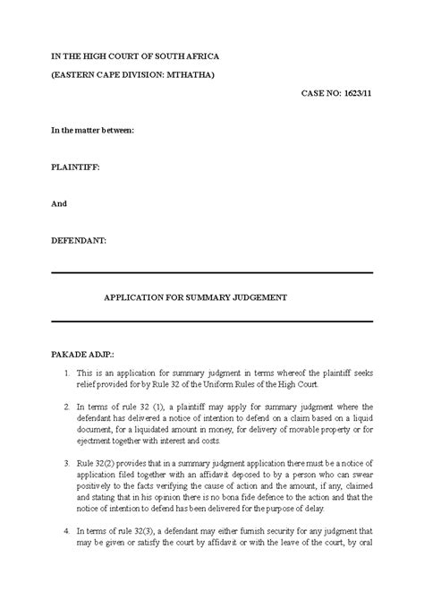 Application For Summary Judgement In The High Court Of South Africa