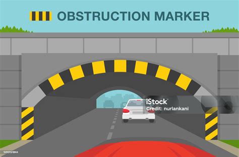 낮은 다리의 터널로 운전하는 자동차 노란색과 검은색 선 표시의 의미입니다 장애물 및 위험 표시 차 안에서 바라본 모습 터널에 대한 스톡 벡터 아트 및 기타 이미지 Istock