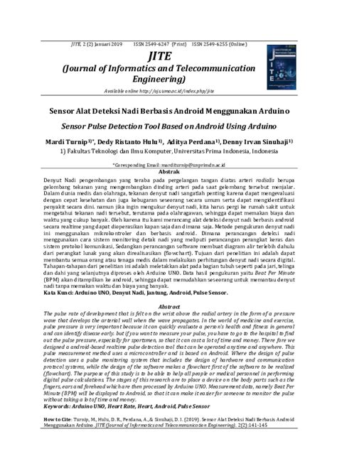 Pdf Sensor Alat Deteksi Nadi Berbasis Android Menggunakan Arduino Mardi Turnip
