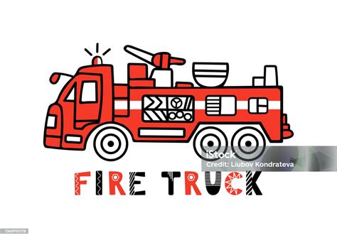 소방차는 서둘러 도움을 청하고 있습니다 스칸디나비아 스타일의 귀여운 어린이 일러스트 레터링 엔진 소리 손으로 그린 스타일 빨간색과 검은 색 포스터 엽서 배너 직물 인쇄
