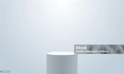 스포트라이트 효과와 현실적인 빈 라운드 연단 받침대 또는 흰색 둥근 원통은 흰색 배경에 서 있습니다 디자인에 대한 템플릿을 모의합니다 광고 또는 프리젠 테이션을위한 개념 3