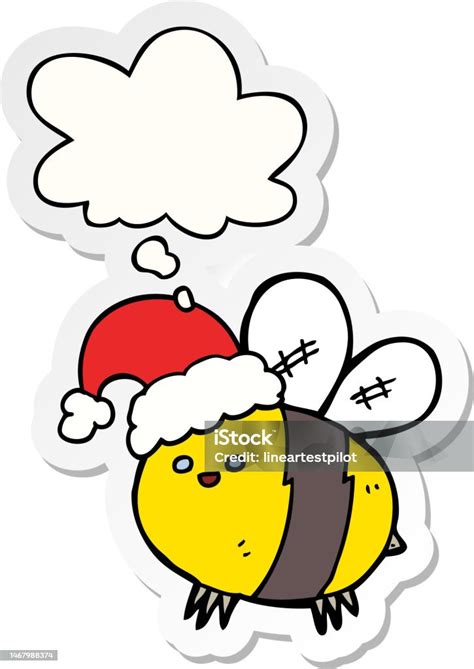 인쇄 된 스티커로 생각 거품과 크리스마스 모자를 착용 귀여운 만화 꿀벌 곤충에 대한 스톡 벡터 아트 및 기타 이미지 곤충 귀여운 기포 Istock