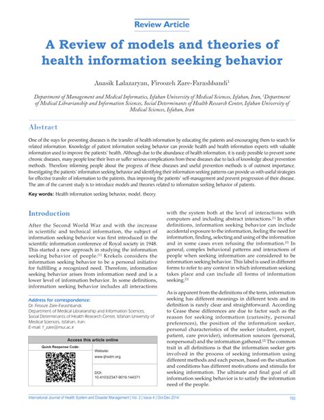 Pdf A Review Of Models And Theories Of Health Information Seeking