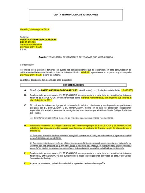 Carta Terminación De Contrato De Trabajo Por Justa Causa Ovidio Antonio