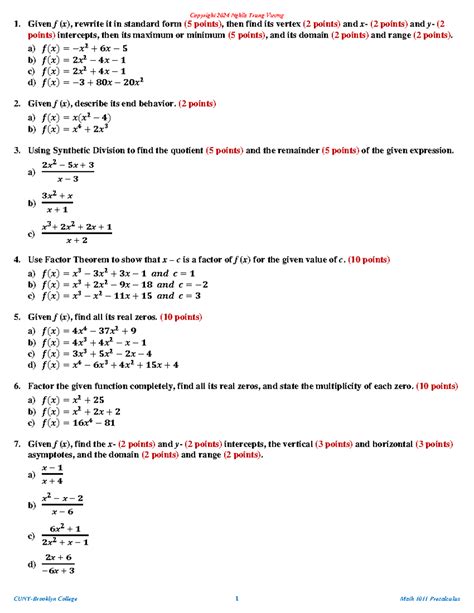 Math 1011 Precalculus Final Exam Review Functions Intercepts And
