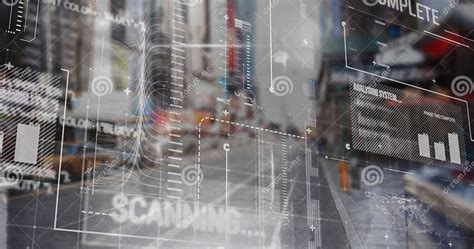 Image Of Interface With Data Processing Against Time Lapse Of People Walking On The Street Stock