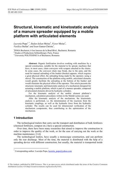 Pdf Structural Kinematic And Kinetostatic Analysis Of A Manure Spreader Equipped By A Mobile