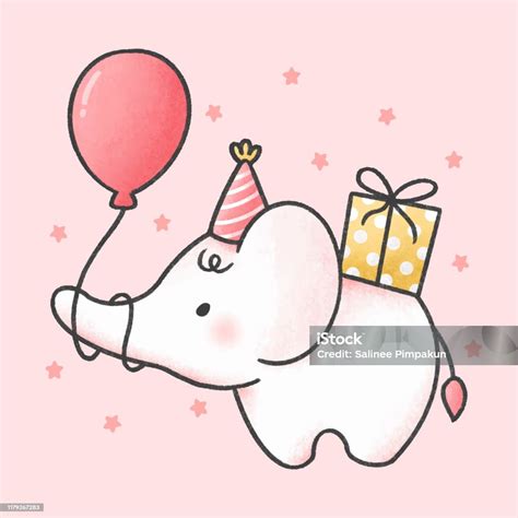 풍선과 선물 상자를 들고 생일 파티 모자에 귀여운 아기 코끼리 0명에 대한 스톡 벡터 아트 및 기타 이미지 0명 감정 귀여운 Istock