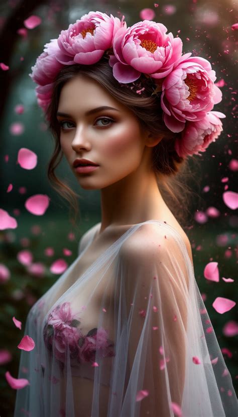 «Фэнтези женщина красивая и соблазнительная с пионами в волосах прозрачная накидка видно