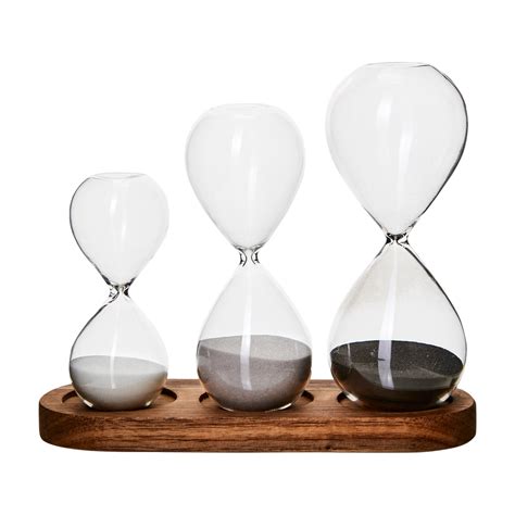 Set Of Three Hourglasses On Wooden Stand Greige Lifestyle