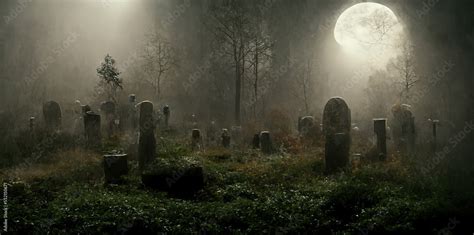 Spooky Cemetery Landscape With Old Tombstones And Fog Full Moon Spooky