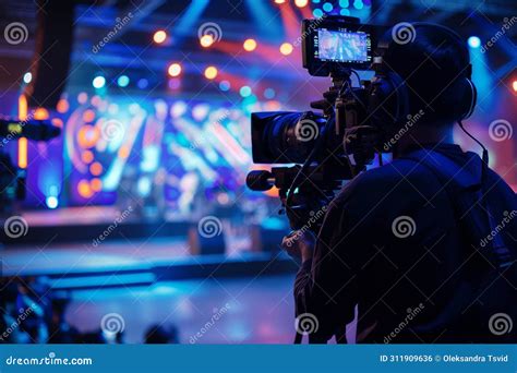 Video Camera Operator Working With His Equipment At Indoor Event Cameraman Is Filming An