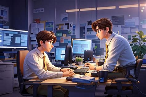 Premium Photo Young Anime Programmer At Computer And Boss Chief Talking In Office Colleagues