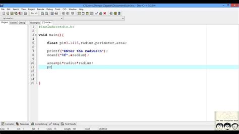 C Practical And Assignment Programs Area And Perimeter Of Circle Youtube