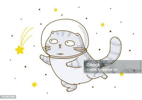 귀여운 스카치 폴드 고양이 우주 비행사에 별이 가득한 공간 배경 고양이 새끼에 대한 스톡 벡터 아트 및 기타 이미지 고양이 새끼 과학 귀여운 Istock