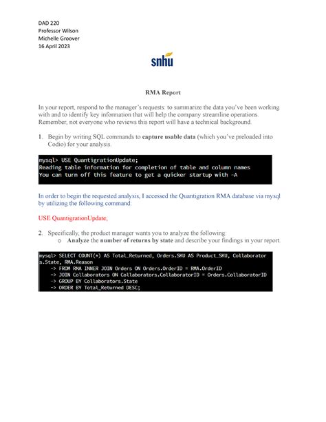 Dad 220 7 1 Project Two Analyzing Databases Professor Wilson Michelle Groover 16 April 2023