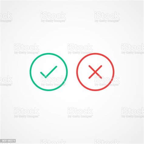 얇은 선 확인 표시 아이콘입니다 녹색 틱 및 적십자 표시가 플랫 라인 아이콘을 설정합니다 벡터 일러스트 레이 션 흰색 배경에 고립 0명에 대한 스톡 벡터 아트 및 기타