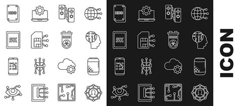 세트 라인 프로젝트 팀 베이스 음성 도우미 인간의 두뇌 디지털 회로 기판 게임 패드 심 카드 텍스트 5k태블릿 하드 디스크 드라이브 Hdd 및 비디오 그래픽 아이콘 벡터