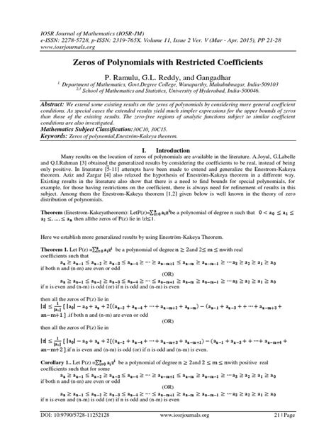 Zeros Of Polynomials With Restricted Coefficients Pdf Zero Of A Function Polynomial