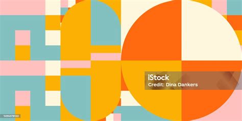 복고풍 스칸디나비아 스타일의 원 직사각형 및 사각형이있는 현대적인 벡터 추상 기하학적 배경 파스텔 컬러의 심플한 셰이프 그래픽 패턴 추상 모자이크 작품 곡선에 대한 스톡