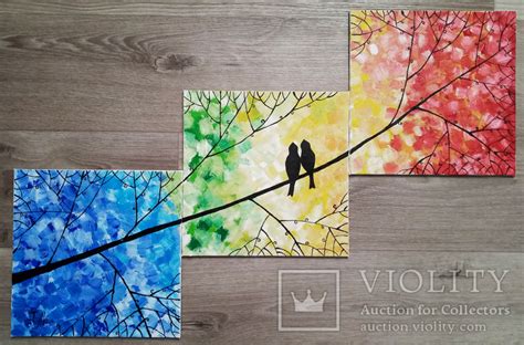Картина маслом триптих 20х20 Птицы Violity