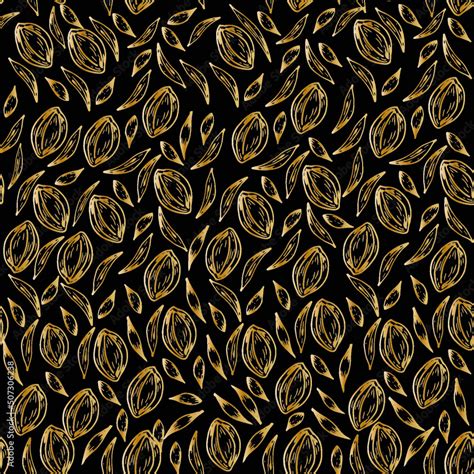 Cocoa Seamless Patterns Background Vector Illustration With Golden Cocoa Beans And Leaves On