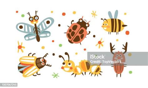 귀여운 재미 곤충 컬렉션 사랑스러운 말벌 나비 콜로라도 딱정벌레 사슴 딱정벌레 침대 버그 군인 애벌레 만화 벡터 일러스트 개체 그룹에 대한 스톡 벡터 아트 및 기타 이미지