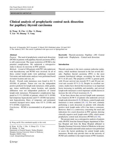 Pdf Clinical Analysis Of Prophylactic Central Neck Dissection For Papillary Thyroid Carcinoma